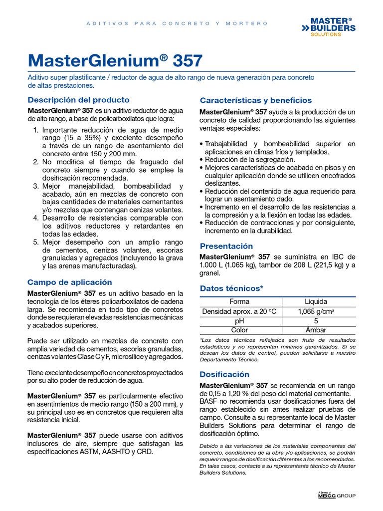Masterglenium 357 Ficha Técnica | PDF | Hormigón | Química