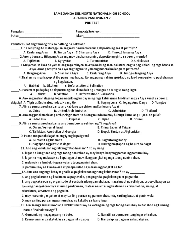 Pre Test Grade 7 | PDF