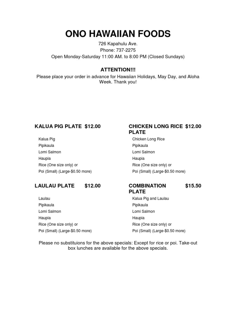 Ono Hawaiian Foods Menu & Specials | PDF
