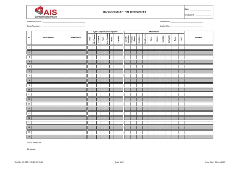 QA-QC Checklist - Fire Extinguisher | PDF | Firearms | Tools