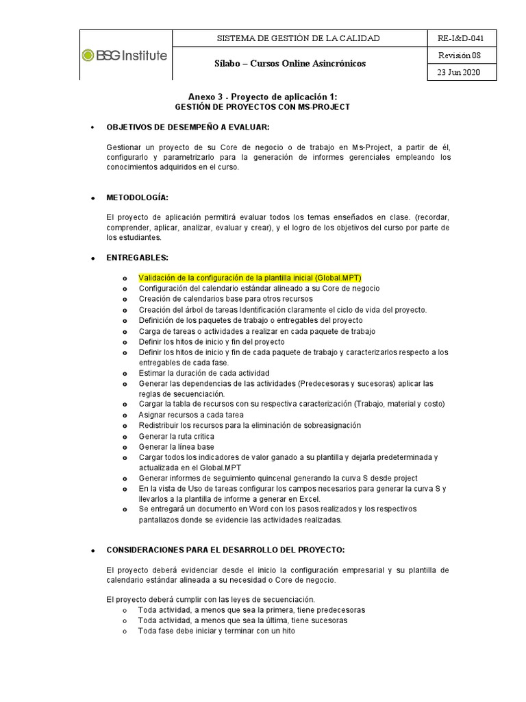 Formato de Proyecto - Curso de Ms Project | PDF | Informática