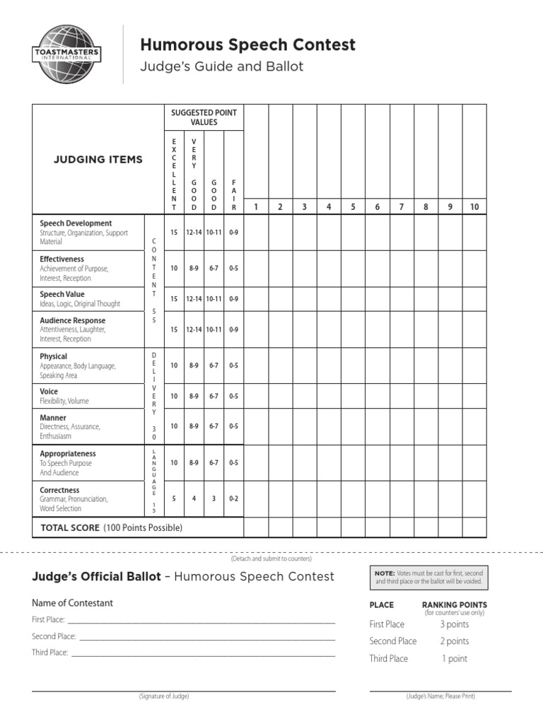 Humorous Speech Contest: Judge's Guide and Ballot | PDF | Speech | Body ...