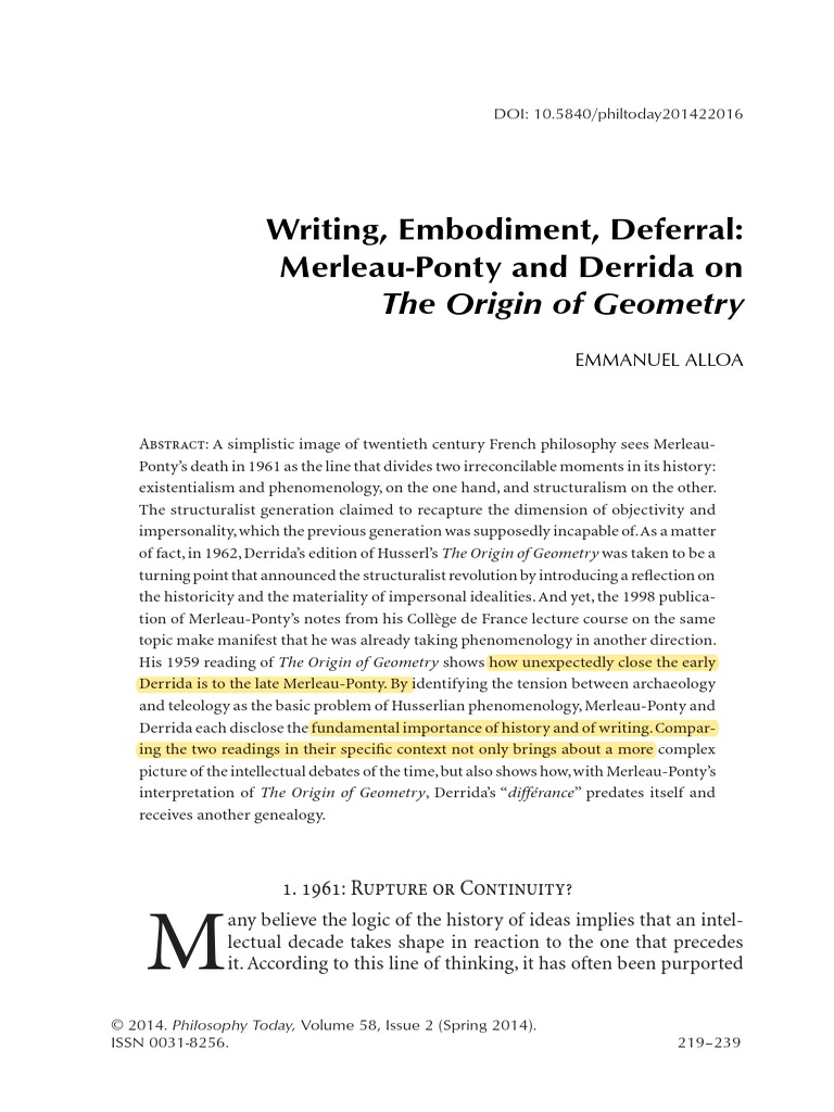 Writing, Embodiment, Deferral: Merleau-Ponty and Derrida On: The Origin ...