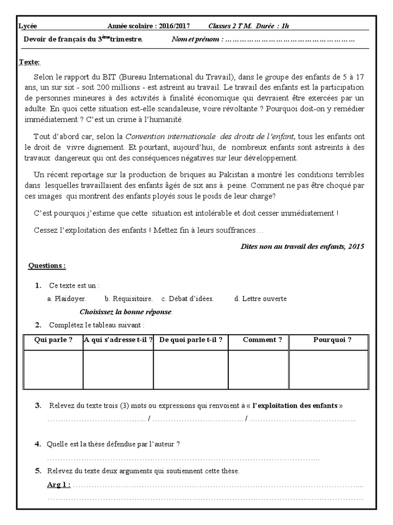 2as Devoir Réquisitoire | PDF | Travail des enfants