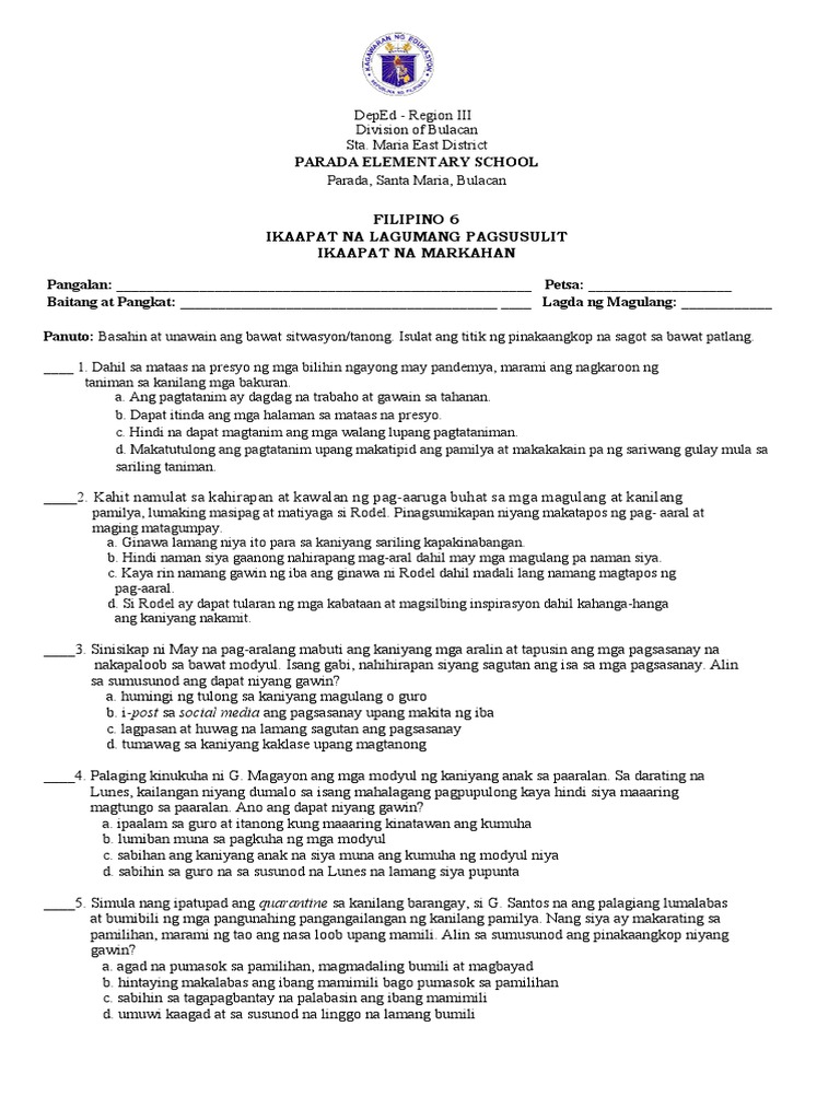 Filipino 4th Summative Test | PDF