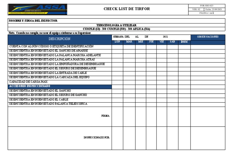 For SSO 023 Check List de Tirfor | PDF