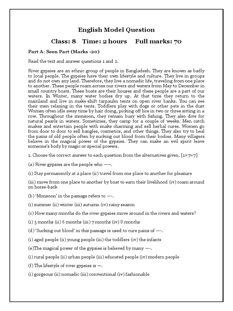 English Model Question Class: 8 Time: 2 Hours Full Marks: 70 | PDF