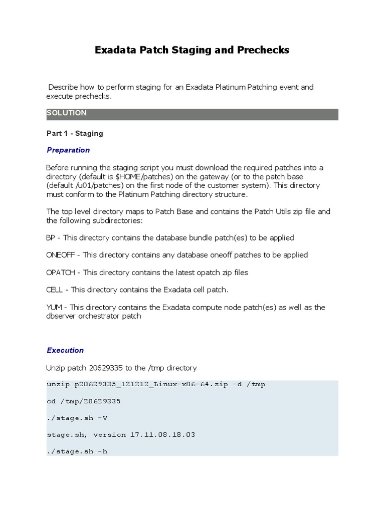 Exadata Patch Staging and Prechecks: Solution | PDF | Data Management | Computer Engineering