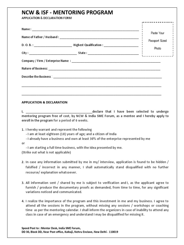 NCW & Isf - Mentoring Program: Application & Declaration | PDF ...
