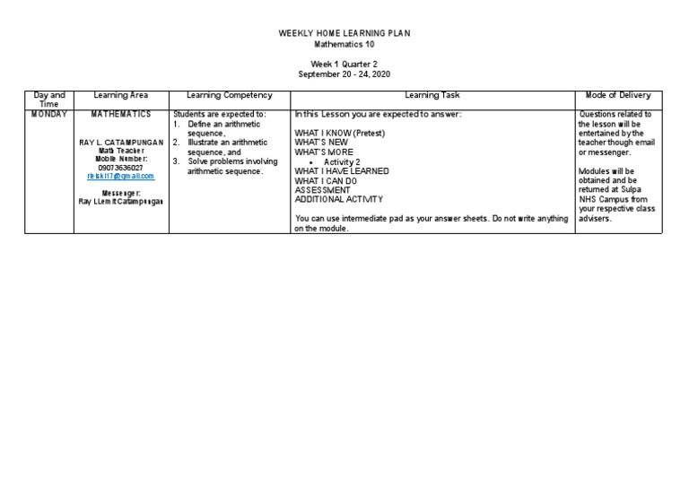 Weekly Home Learning Plan Math 10 Module 2 | PDF | Educational ...