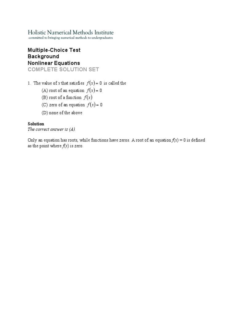 Multiple-Choice Test Background Nonlinear Equations: Complete Solution ...