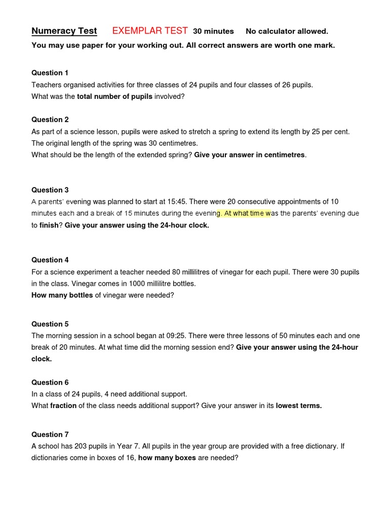 Numeracy Test Exemplar Questions | PDF | Teachers