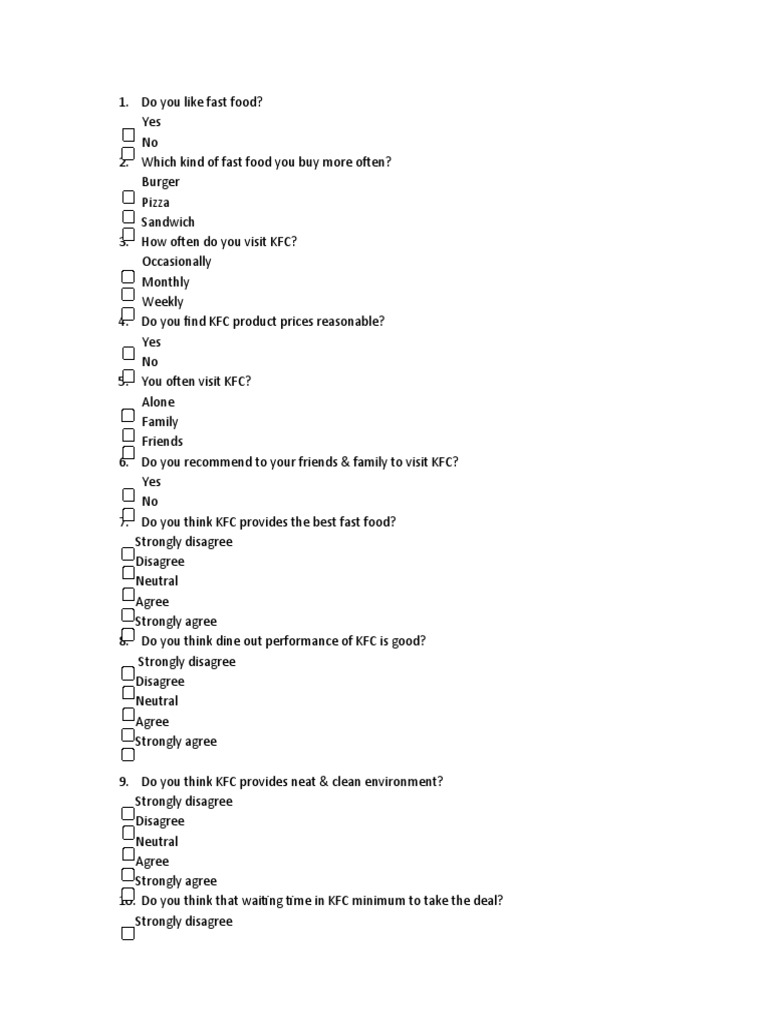Questionnaire KFC | PDF