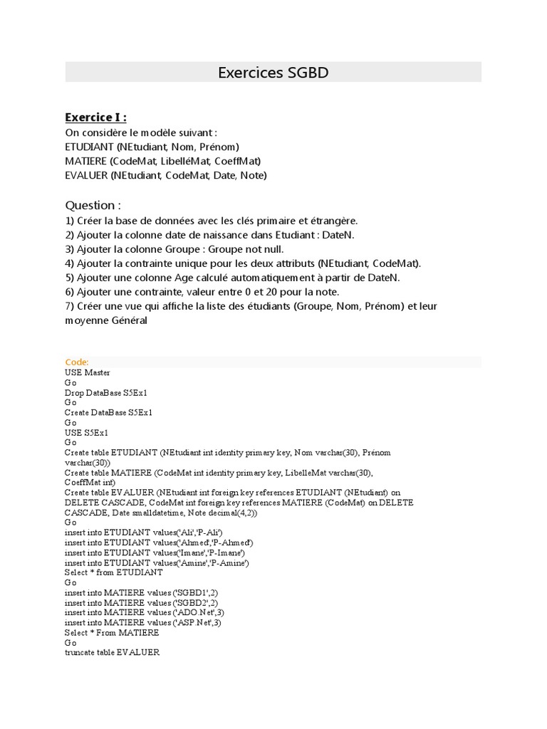 Exercices SGBD | PDF | Données informatiques | Gestion informatique