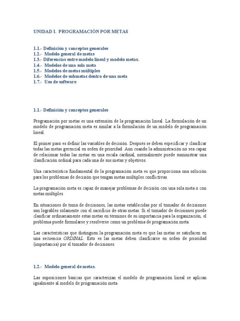 Unidad I. Programacion Por Metas | PDF | Programación lineal | Ecuaciones