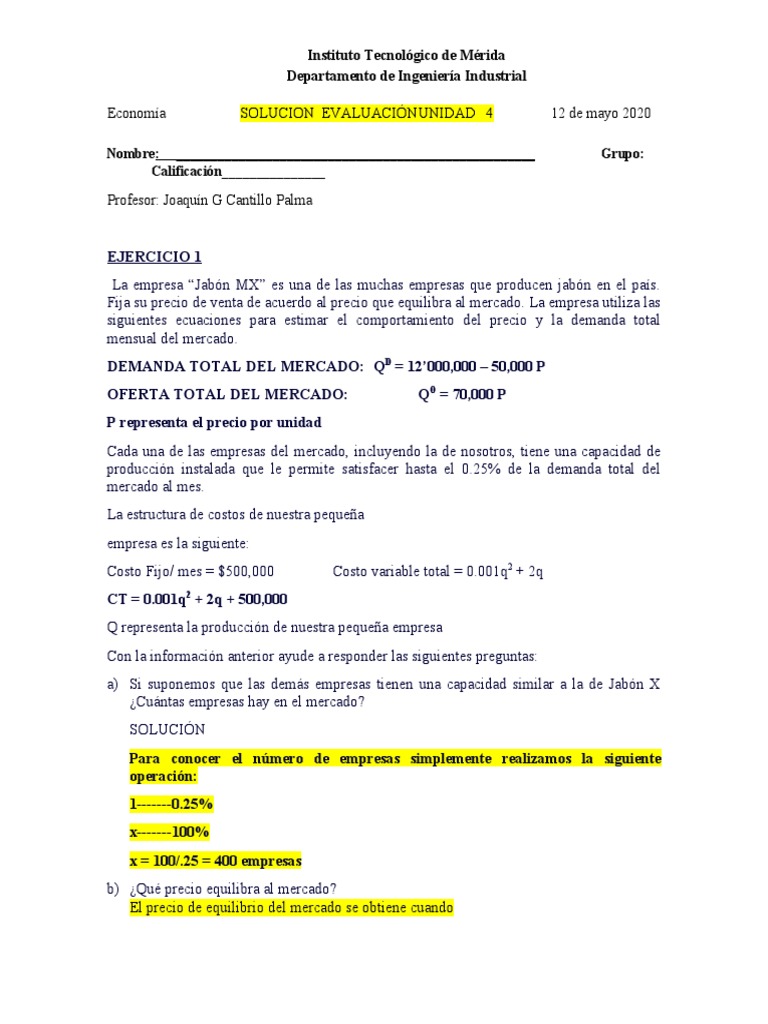 Solucion Ev U4 Dos Ejercicios | PDF | Mercado (economía) | Precios
