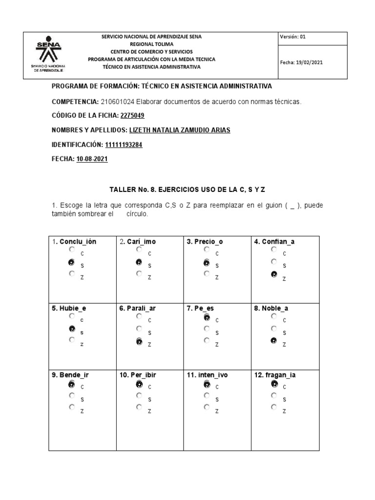 Taller 8. Uso de La C, S, Z y X | PDF | Educación de la primera infancia