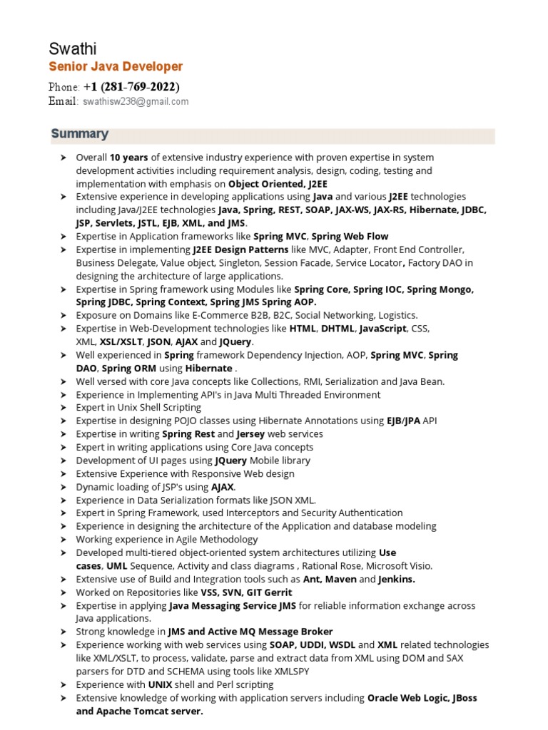Swathi: Senior Java Developer | Download Free PDF | Spring Framework | Web Application