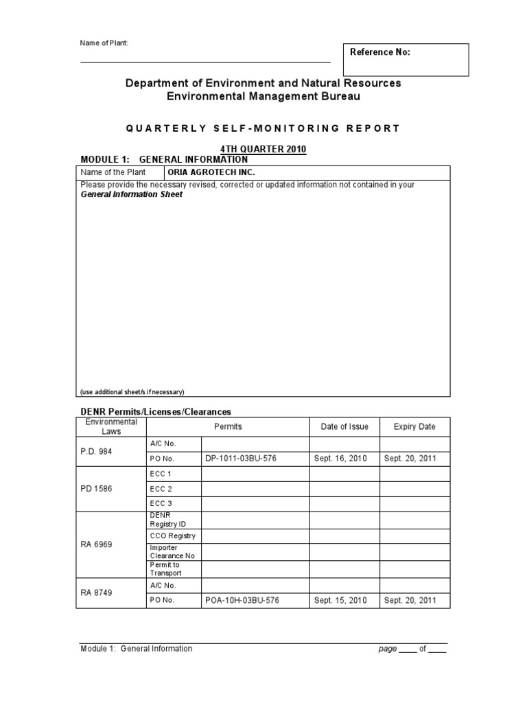DENR Quarterly Self-Monitoring Report | PDF | Waste Management ...