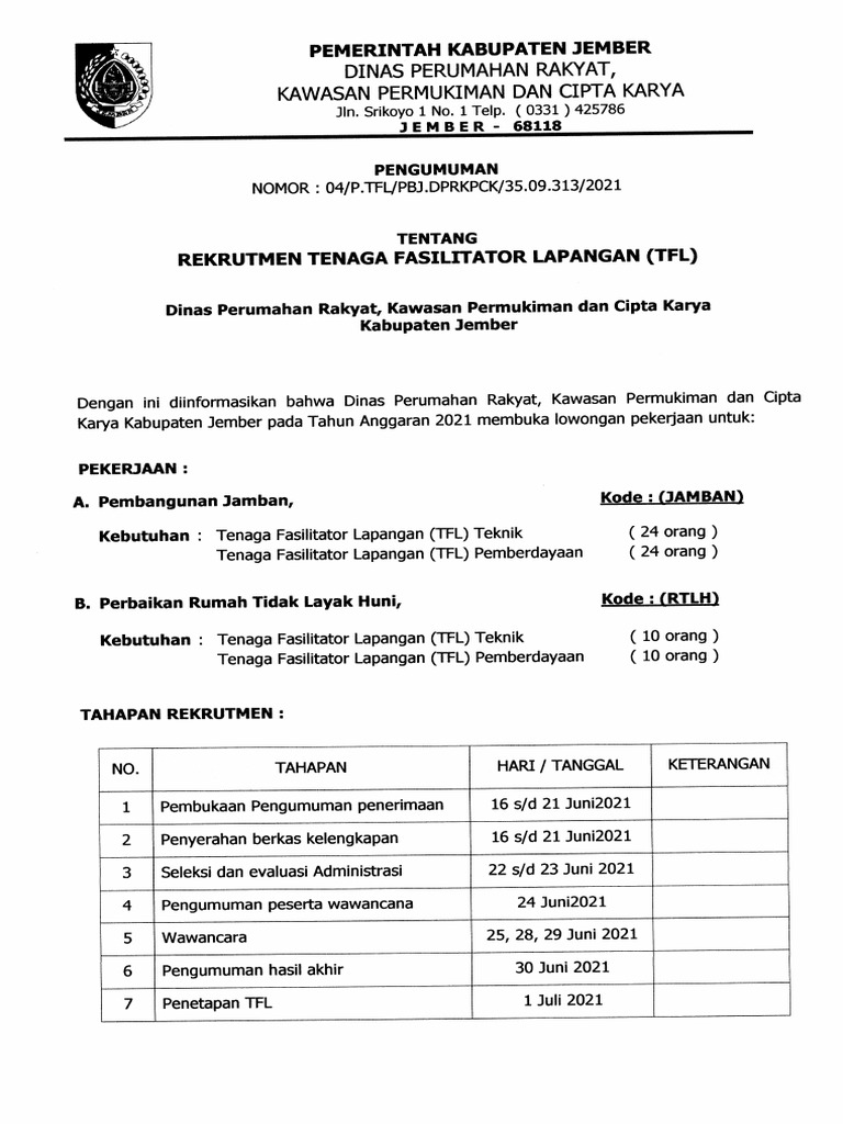 Pengumuman Rekrutmen TFL | PDF