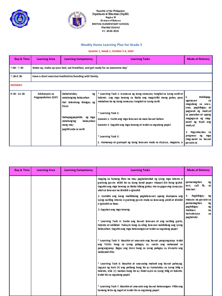 Weekly Home Learning Plan | PDF