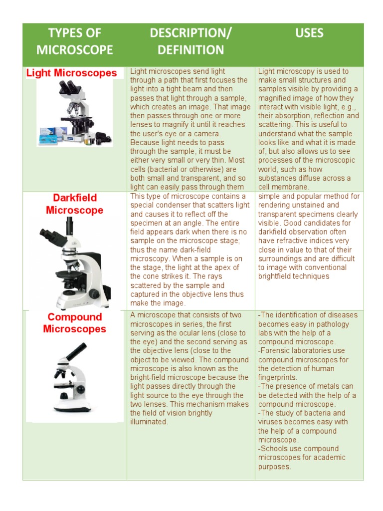 Types of Microscope Description/ Uses: Light Microscopes | PDF ...