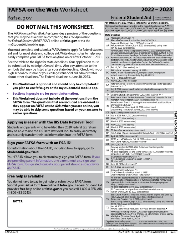 Do Not Mail This Worksheet.: FAFSA On The Web Worksheet 2022 2023 | PDF ...