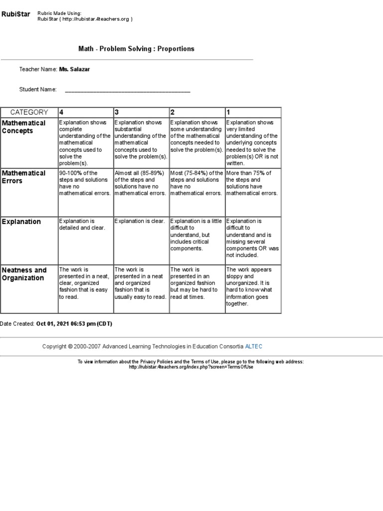 Your Rubric Math - Problem Solving Proportions | PDF | Mathematics ...