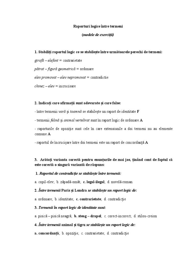 Raporturi Logice Între Termeni - Exerciții Rezolvate | PDF