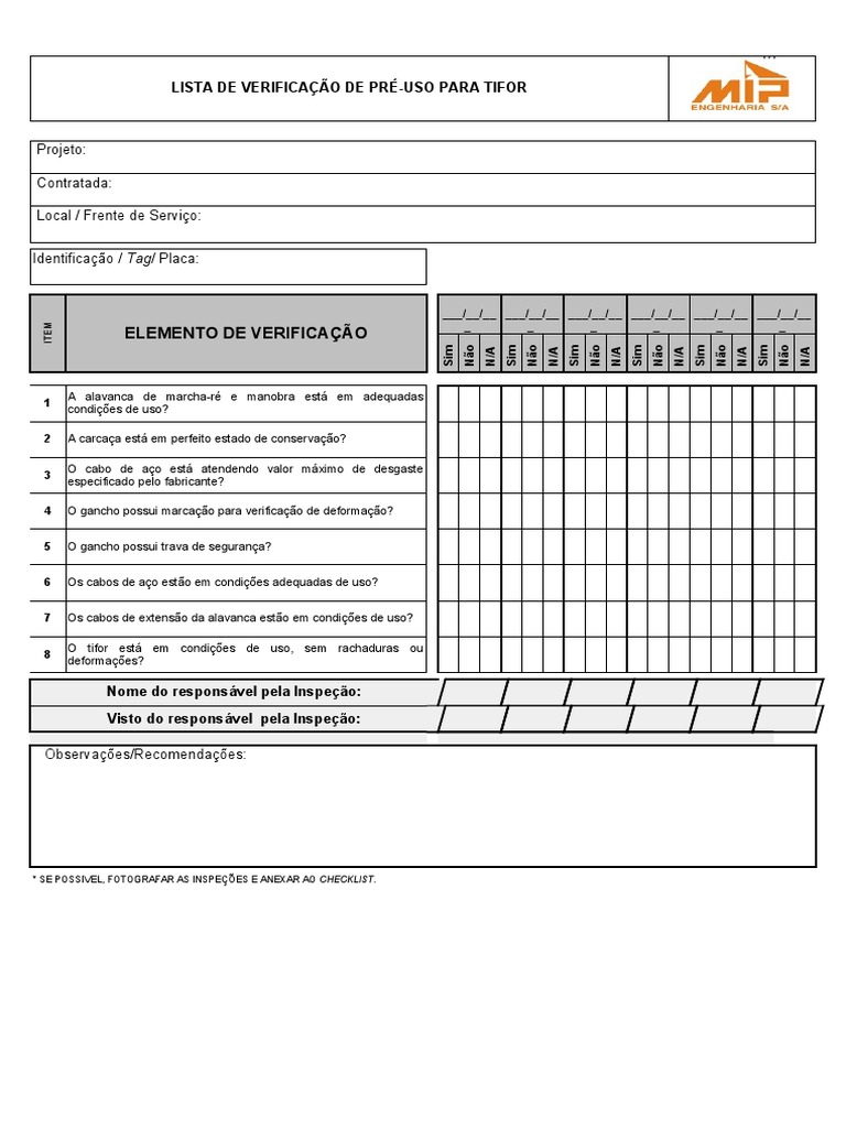 Check List de Pré-Uso para Tifor | PDF