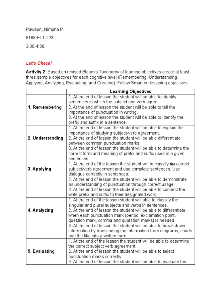 Bloom's Taxonomy Lesson Objectives | PDF | Punctuation | Subject (Grammar)