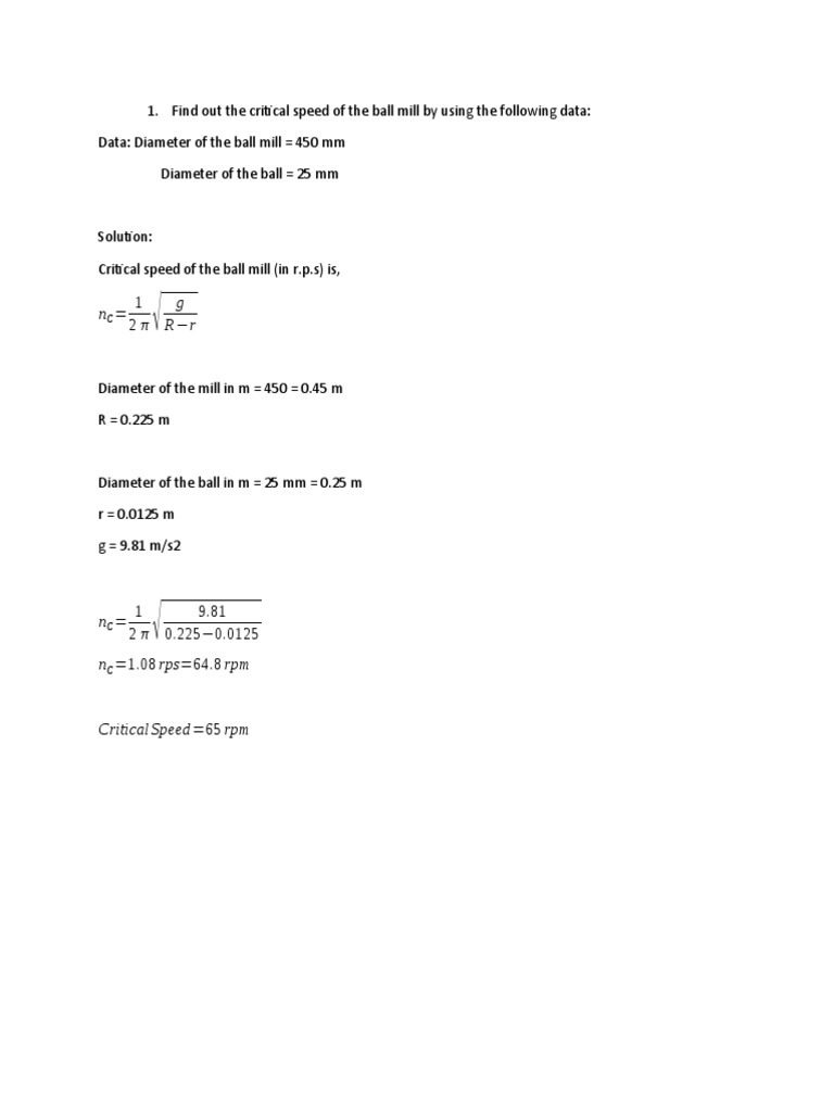 Critical Speed Calculation for Ball Mill | PDF