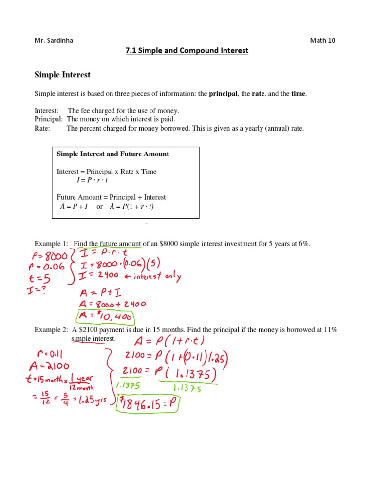 7.1 Simple and Compound Interest Notes Filled | PDF | Interest | Loans