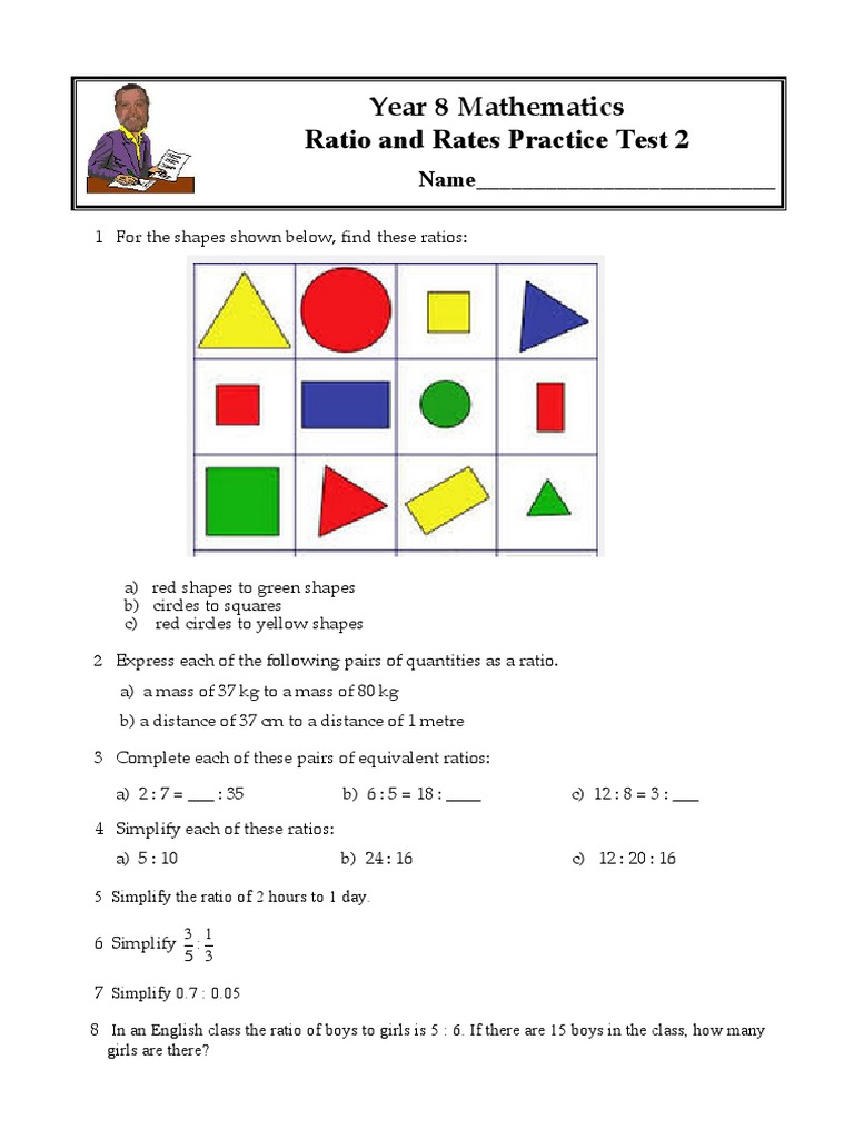 Year 8 Mathematics Ratio and Rates Practice Test 2: Name | PDF