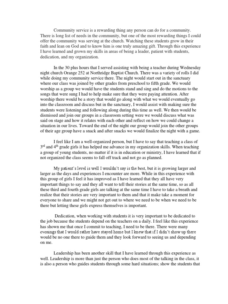 Community Service Reflection Essay | PDF | Leadership | Teachers