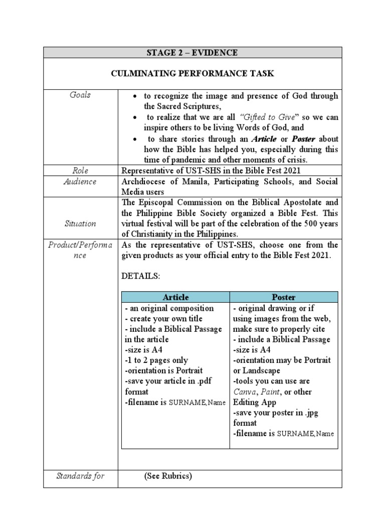 Goals: Stage 2 - Evidence Culminating Performance Task | PDF ...