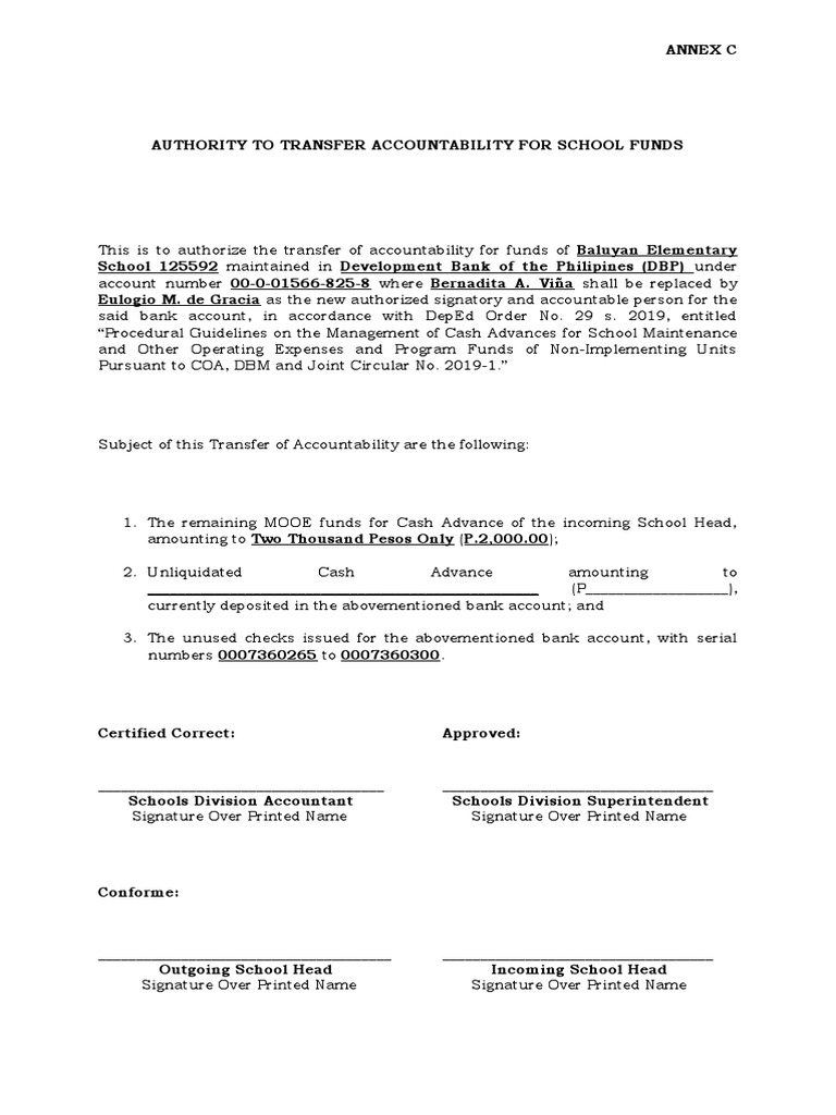 Transfer of Accountability for School Funds | PDF