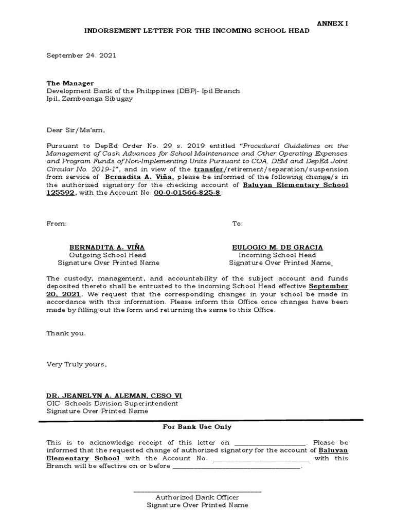 Indorsement Letter For The Incoming School Head | PDF