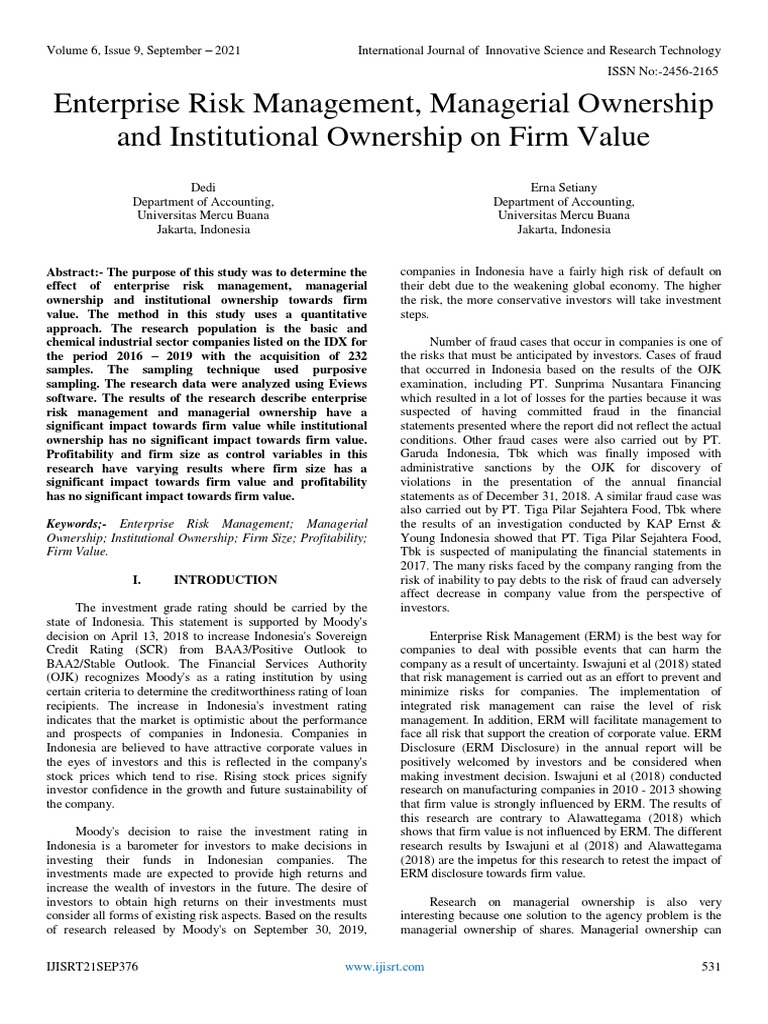 Enterprise Risk Management, Managerial Ownership and Institutional Ownership On Firm Value | PDF ...