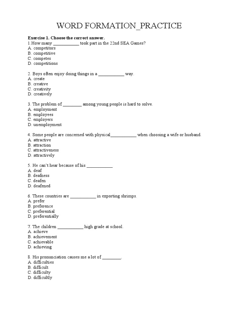 Word Formation - Practice: Exercise 1. Choose The Correct Answer | PDF