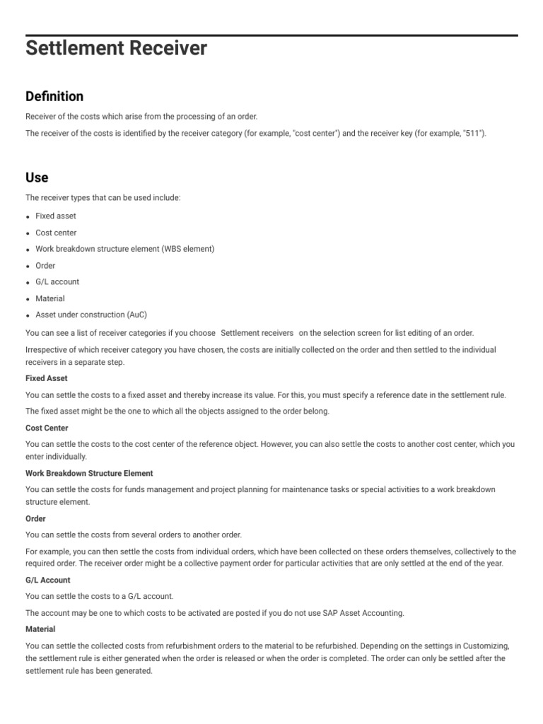 Understanding SAP Settlement Receivers | PDF | Depreciation | Financial ...