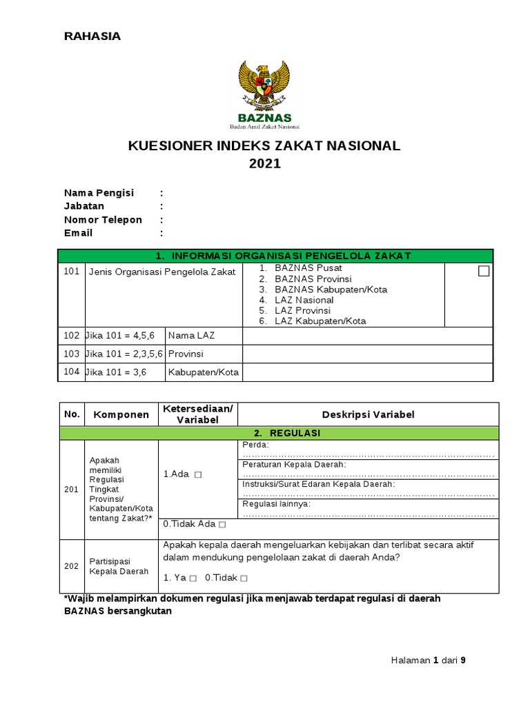 Form - Kuesioner Indeks Zakat Nasional 2021 | PDF