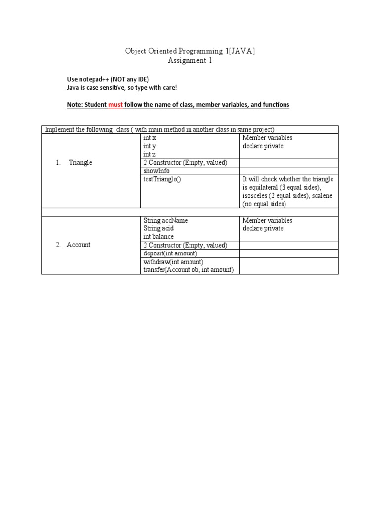 Object Oriented Programming 1 (JAVA) Assignment 1: Follow The Name of Class, Member Variables ...