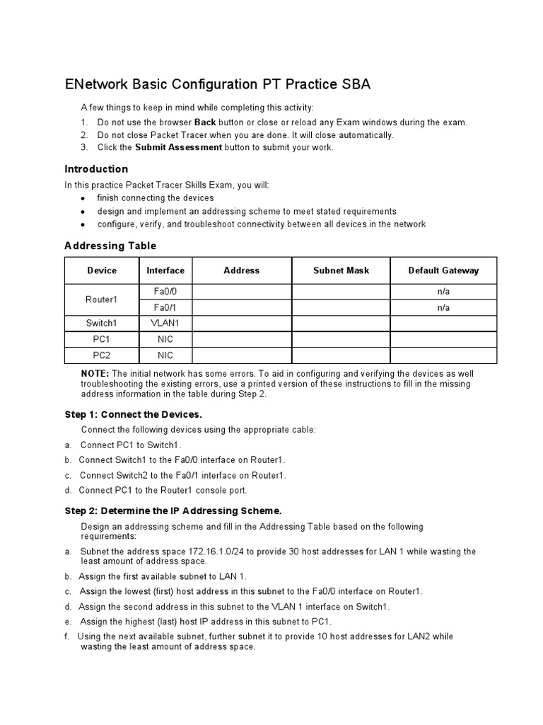 Enetwork Basic Configuration PT Practice Sba: Device Interface Address Subnet Mask Default ...