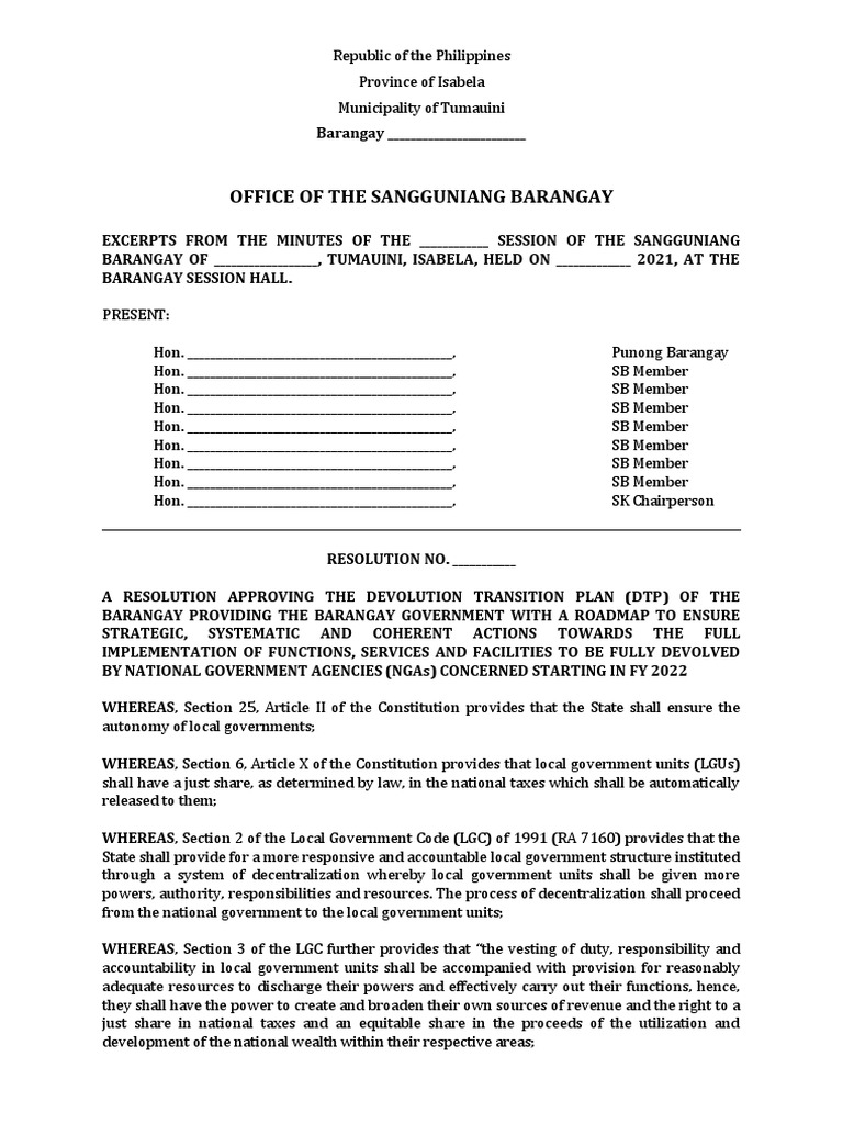 Resolution Approving The Barangay Devolution Transition Plan | PDF | Devolution | Local Government