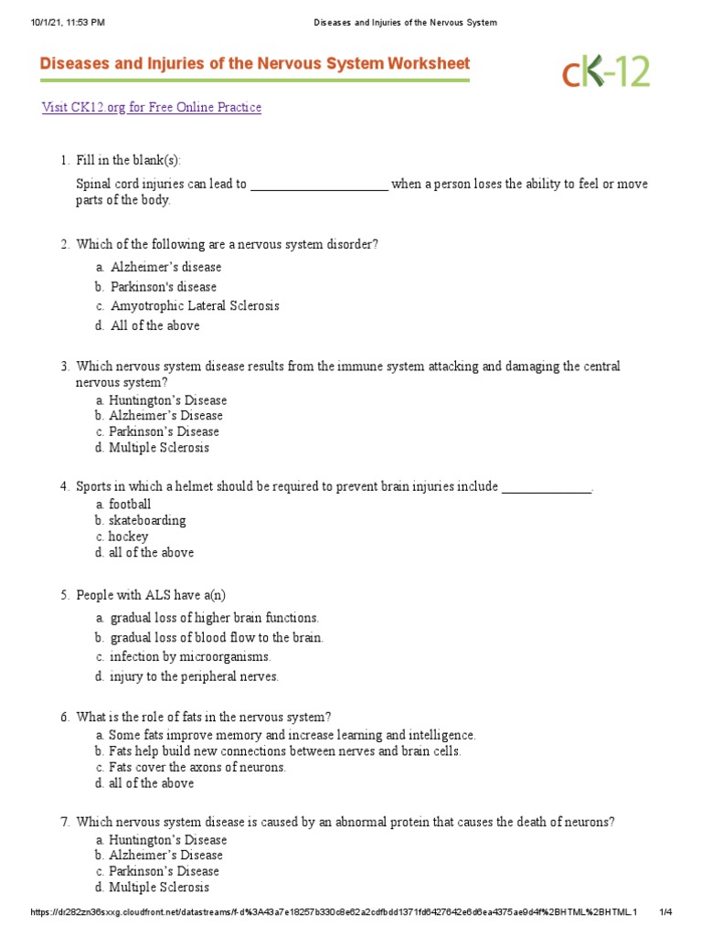 Diseases and Injuries of The Nervous System Worksheet | PDF | Nervous ...