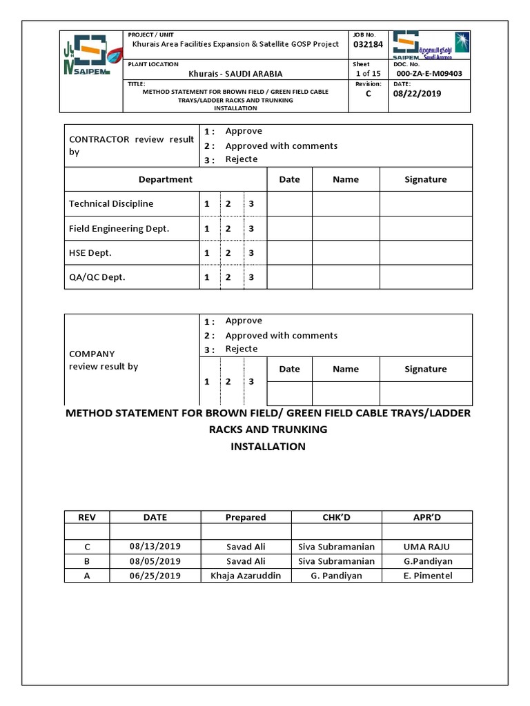 Cable Tray Installation Method Statement | PDF | Forklift | Safety