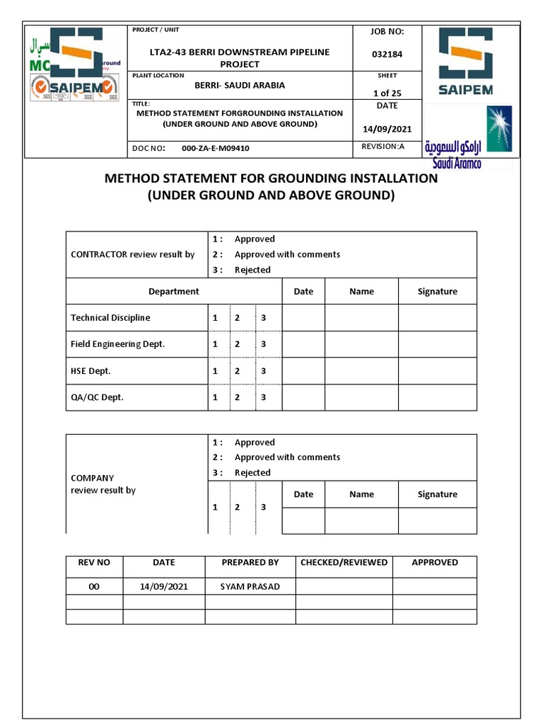 Method Statement for Grounding Installation (Under Ground and Above ...
