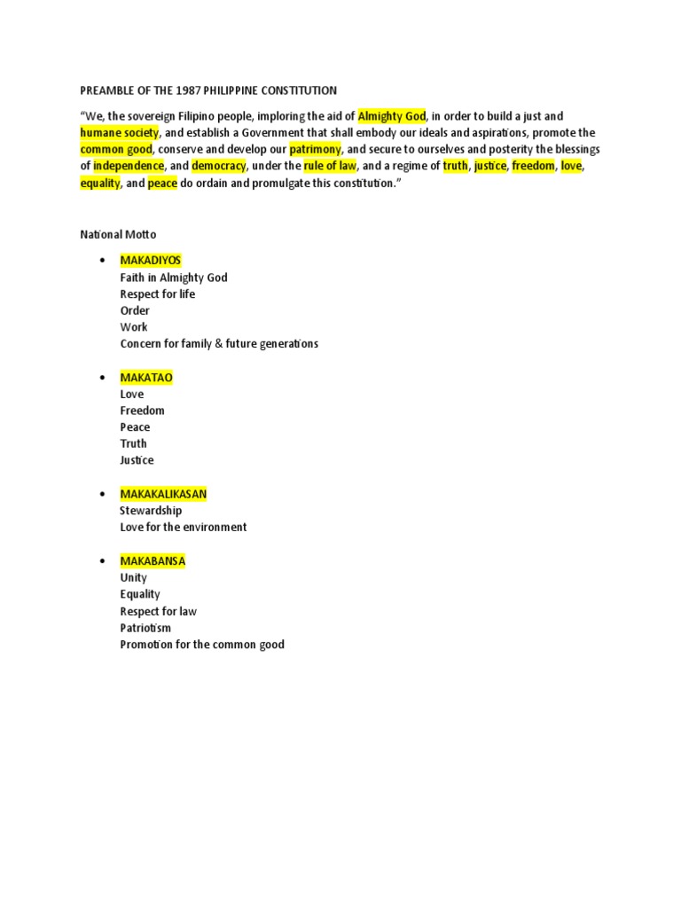 Preamble of the 1987 Philippine Constitution | PDF | Social Science