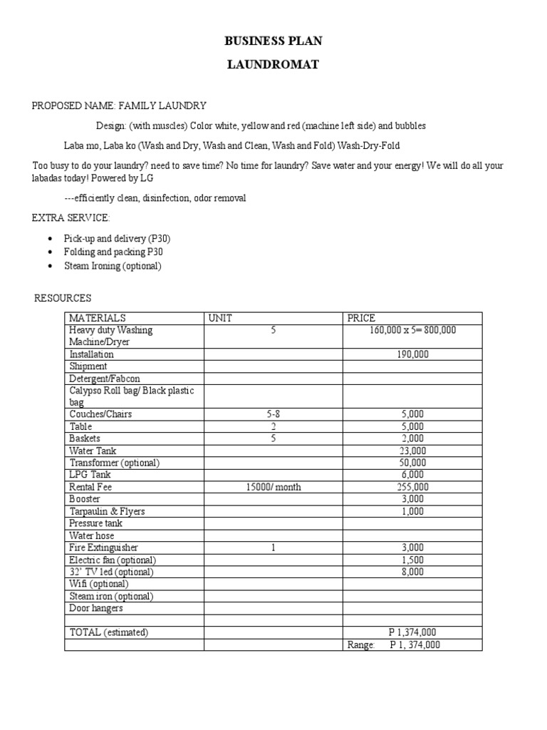 BUSINESS PLAN Laundromat | PDF | Laundry | Manufactured Goods